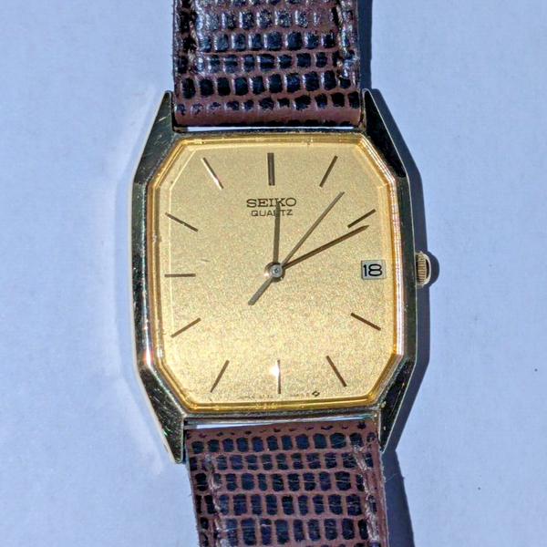 Vintage Seiko Quartz Dress Watch Gold-Tone Rectangular Case Date Window ...