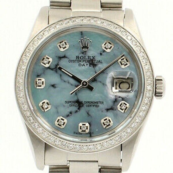 Mens ROLEX Oyster Perpetual Date 34mm Blue MOP MARBLE Dial Diamond ...