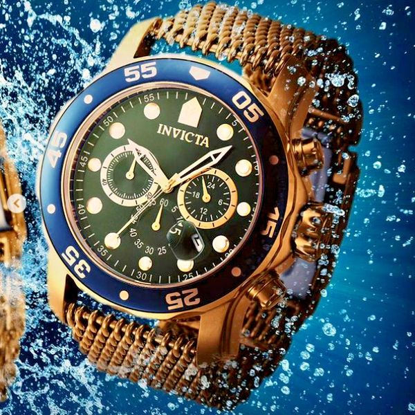 Invicta PRO DIVER Scuba Chronograph GREEN DIAL Yellow Gold Tone Watch ...