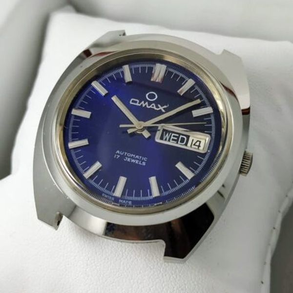 NOS Vintage OMAX Automatic Day-Date men's watch Swiss Made Blue Dial AS ...