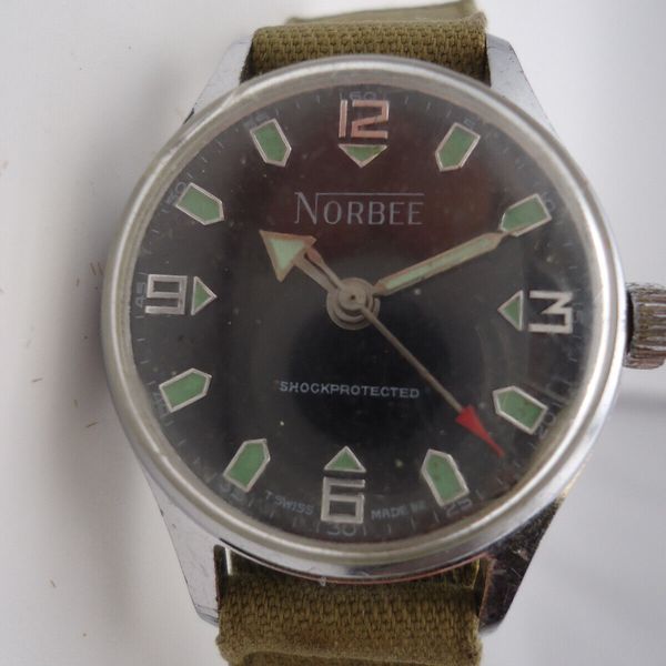 Vtg 1950's Norbee Swiss Military Style Men's Watch w/ Elgin Brand ...
