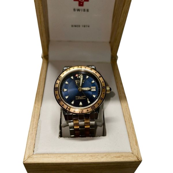 Vtg Gruen Swiss Dual Time Quartz Two Tone GSM007 515.24D Blue Face Date ...