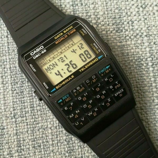new casio dbc-62 databank world time telememo 50 alarm lcd watch rare ...