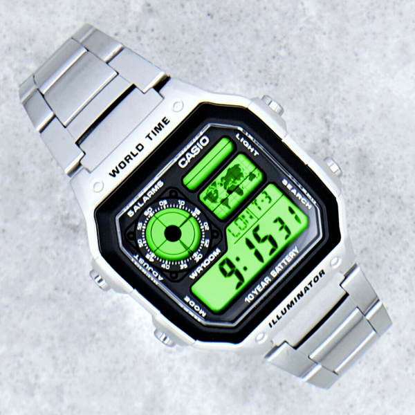 Casio Royale Watch with GREEN Screen Mod, World-timer ( AE-1200WHD ...
