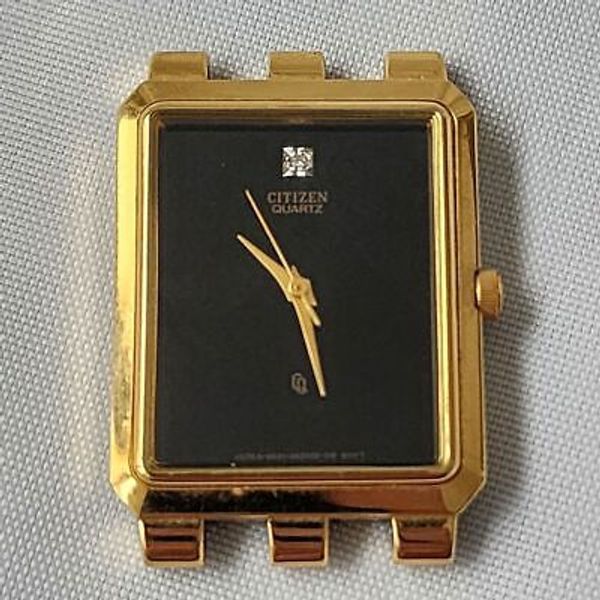 Citizen Quartz Vintage Black Gold-Tone Rectangle Diamond Accent Mens ...