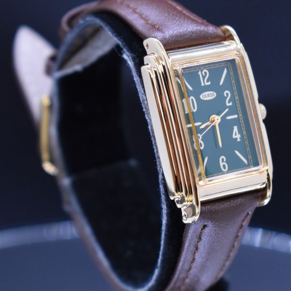 Vtg GUESS Tank Watch Women Green Dial Gold Tone Leather NEW BATTERY ...