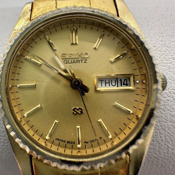 Vtg Seiko SQ Watch Womenâ s Gold Tone Day Date 3E23-0A69, Gold Dial 6. ...