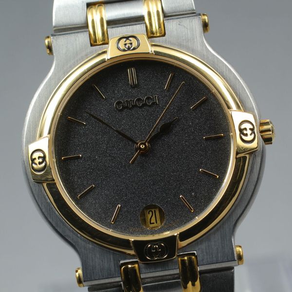 [N MINT w/Box Paper] Vintage Gucci 9000M Black Gold Two Tone Qz Men's ...