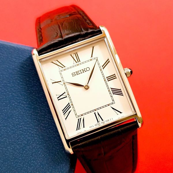 Seiko White Roman Numeral Dial Tank Watch Black Leather 4N30-00GO ...