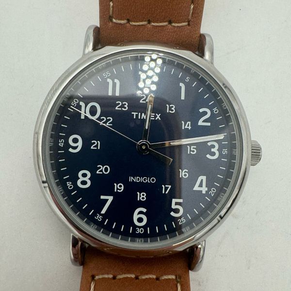 Timex Men's Weekender 40mm Watch Tan/Blue Blue dial brown leather strap ...