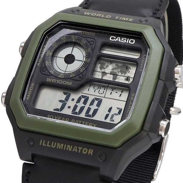 CASIO World Time Digital Men's Watch AE-1200WHB-1BV Black x Green ...