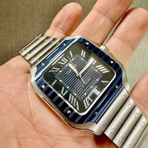 8 Yrs Wty New Cartier Santos De Cartier Large ADLC Blue Bezel Blue Dial ...