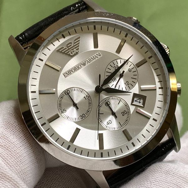 Emporio Armani AR2432 Silver Dial Black Leather Chronograph Day Men ...