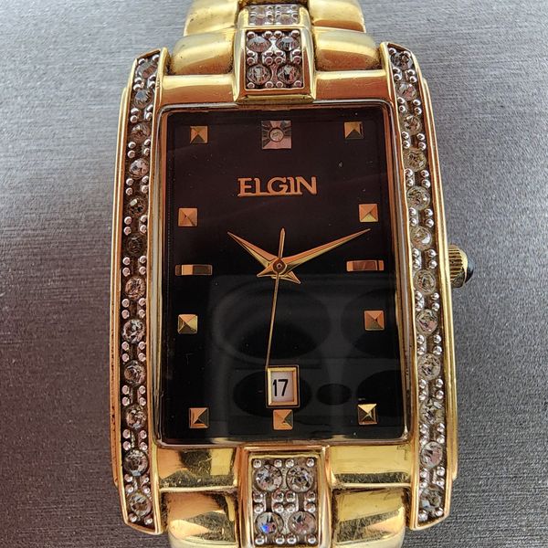 Elgin Tank Watch Men 27mm Black Dial Gold Tone Date READ!!!!!!! FG 116N ...