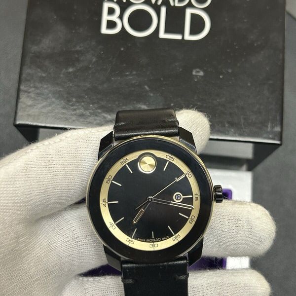 Movado Bold TR90 SWISS Quartz Black Dial Leather Strap Men's Watch ...