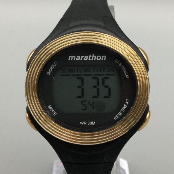 Timex Marathon Digital Watch Unisex Black Gold Tone Round Indiglo ...