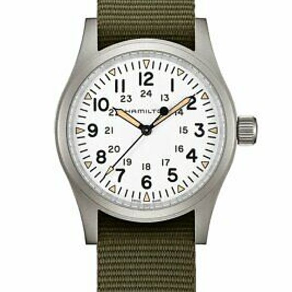 New Hamilton Khaki Field Mechanical White Dial Green Textile Strap ...
