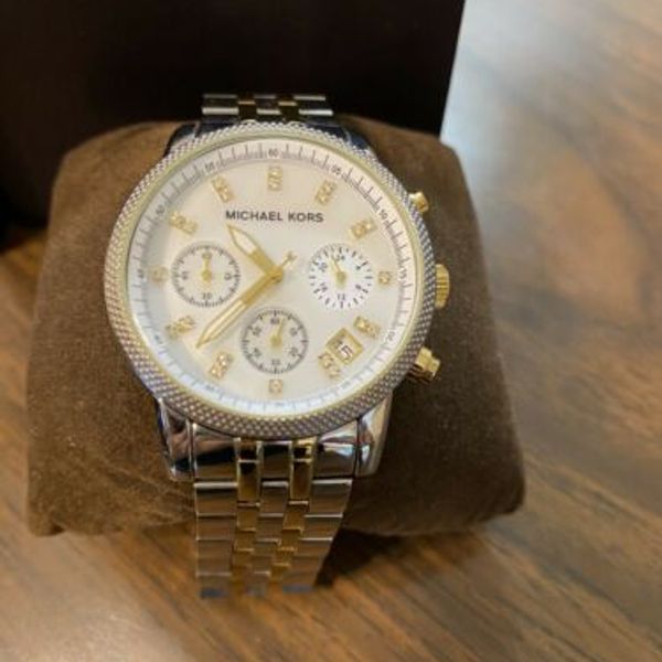 MICHAEL KORS RITZ SILVER+GOLD 2 TONE+CRYSTALS,MOP CHRONOGRAPH WATCH ...