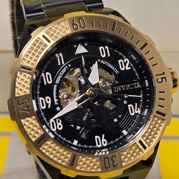 Invicta Aviator Automatic Mens Watch Black & Gold w/ Jet Skeleton Dial ...