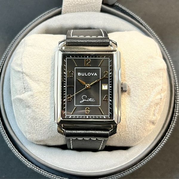 Bulova Classic Frank Sinatra Stainless Date Black/Gold Leather 30mm Art ...