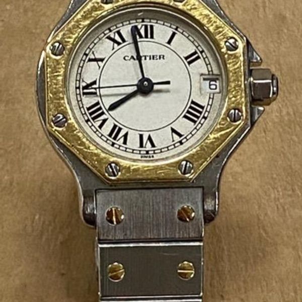 SANTOS DE CARTIER OCTAGON 18K GOLD STAINLESS STEEL 24mm QUARTZ WATCH ...