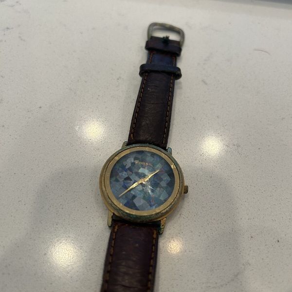 FOSSIL PC-7305 Round Ladies Analog Watch Quartz 35mm Blue Dial Gold ...
