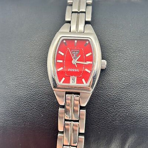 Fossil Silver Tone Red Dial Stainless Steel Womenâ s Watch Working New ...
