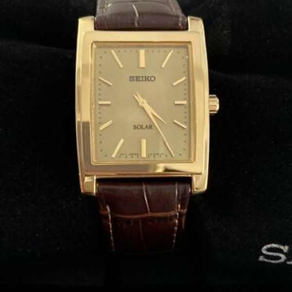 *NEW* Seiko Men's Solar Gold Tone Stainless Steel Brown Leather Watch ...