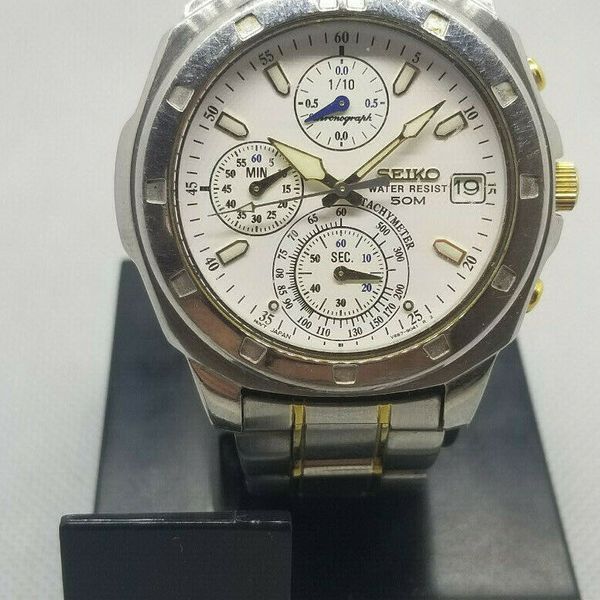 SEIKO V657-9020 CHRONOGRAPH WHITE DIAL STAINLESS TWO-TONE RUNNING ...