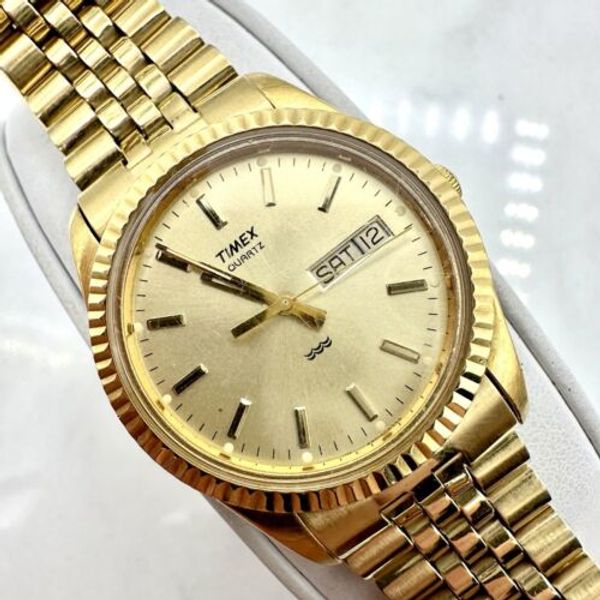 TIMEX President 34mm Golden Fluted Bezel Quartz Men's Watch, New ...
