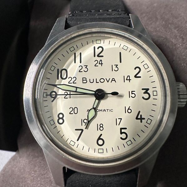 Bulova Hack Automatic Watch - NATO Leather Strap, Ivory Dial - 96A246 ...