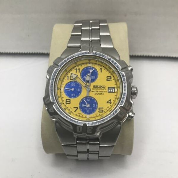 SEIKO Chronograph Tachymeter Yellow/Blue 200M Diver Mens Watch Rare ...
