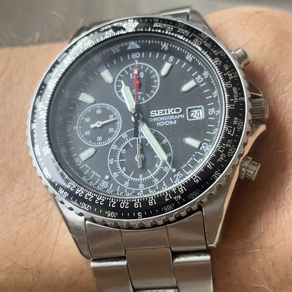 Seiko Flight master Pilot Chronograph Black Quartz Watch New Battery ...