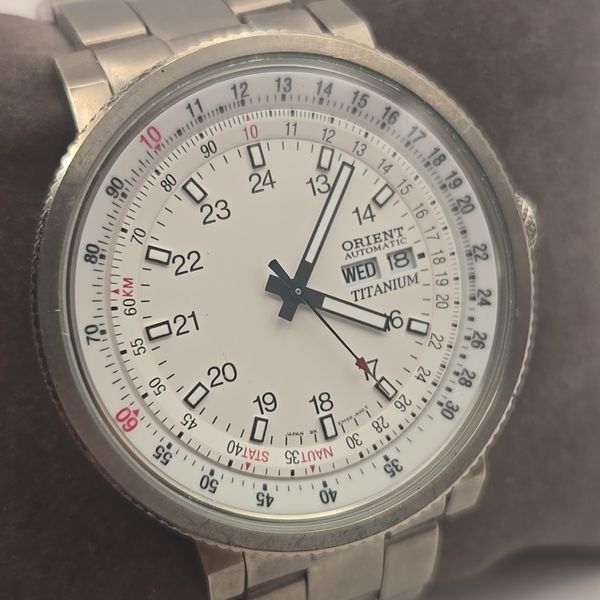 ORIENT TITANIUM MILITARY AUTOMATIC SLIDE-RULE DATE-DAY MEN WATCH (EM58 ...