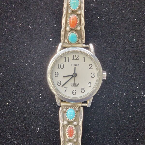 Old Pawn Sharon Cisco Navajo Turquoise and Coral Timex Watch 25 Grams ...