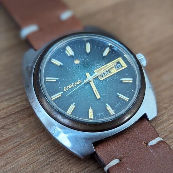 Vintage Enicar Automatic Watch with Rare Green Dial & French Day/Date ...