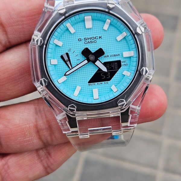 Custom Casio G-Shock GA-2100 Ice Blue Dial Mod Watch | Transparent Case ...