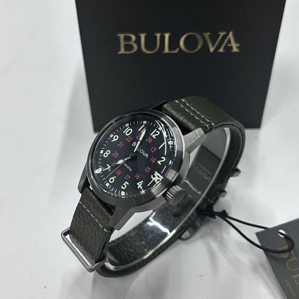 Bulova Hack 98A255 Black Dial Green Leather Strap Automatic Men's ...