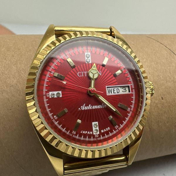 Vintage Citizen Day & Date Automatic Japan Made Men's Watch Gold w/ Red ...