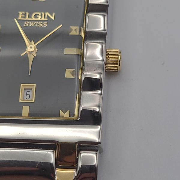 Vintage Elgin Swiss Men Watch Silver Gold Tone Black Tank Dial New ...