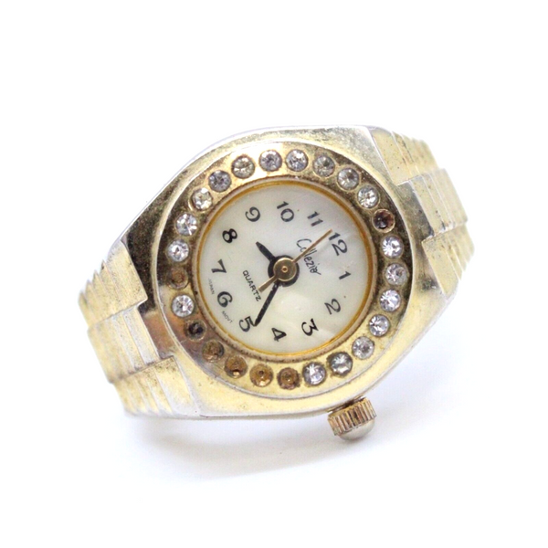 Vintage Collezio Ring Watch Mens Gold Tone Rhinestone Quartz Japan Movt ...