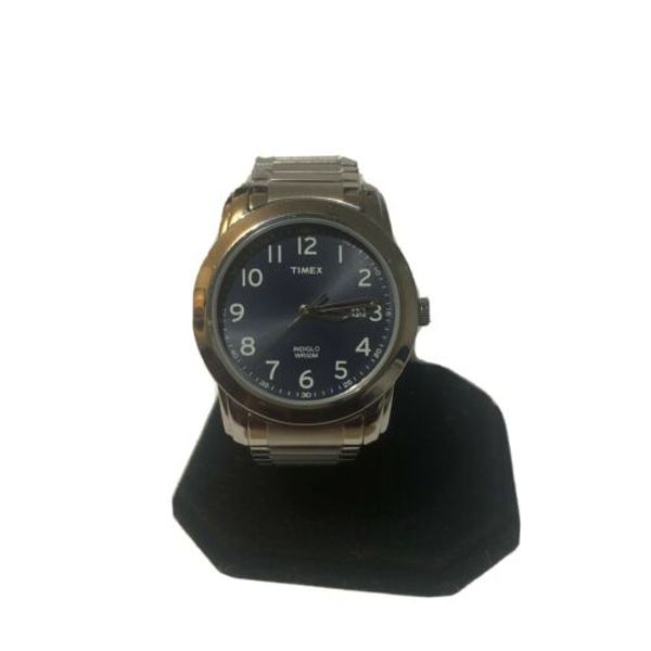 Mens Silver Stretch Band Timex Indiglo Watch Blue Face WR 50m Pre Owned ...