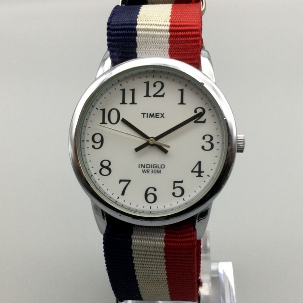 Timex Weekender Watch Men Silver Tone Indiglo Red White Blue Nylon New ...
