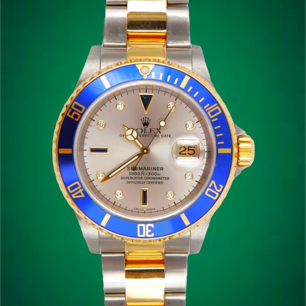 2006 Rolex Submariner 16613 Slate Serti Dial 18K Yellow Gold Stainless ...