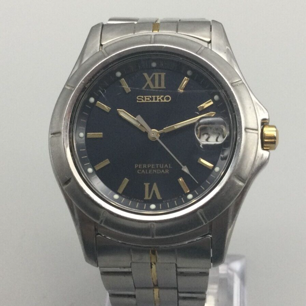 Seiko Perpetual Calendar Watch Men 37mm Silver Gold Tone 8F32-0079 Date ...