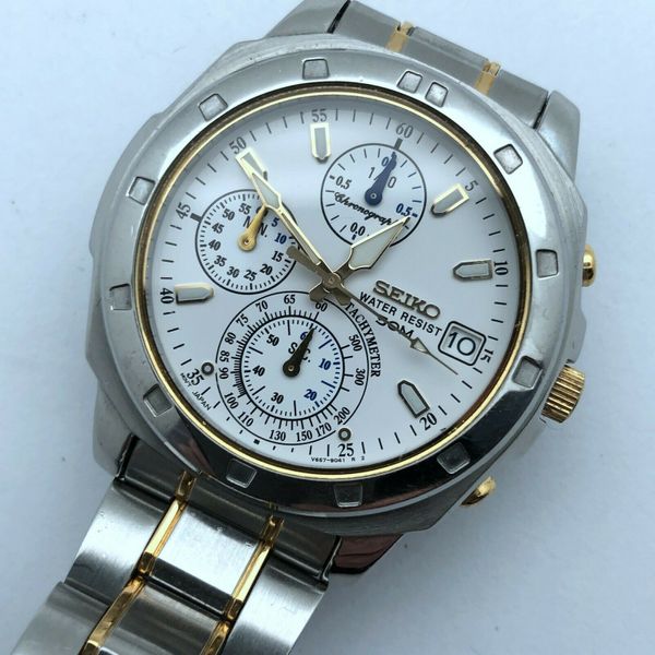Seiko V657-9020 Two Tone Stainless Steel / Gold Chronograph white dial ...
