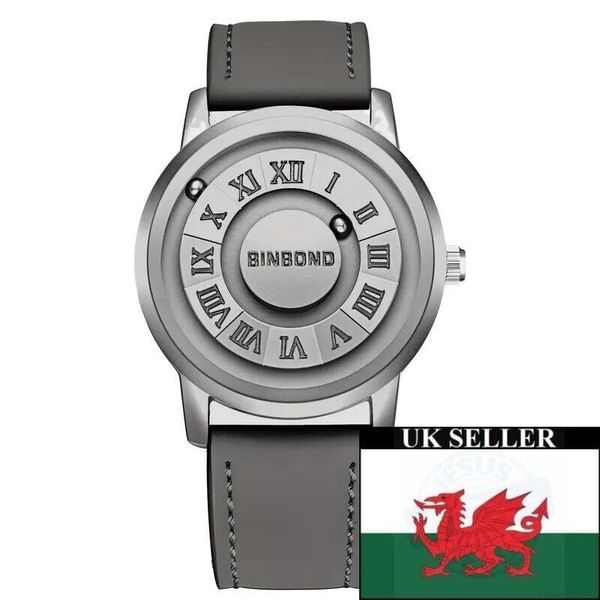 Gents Silver Face Magnetic Rolling Ball Bearings Grey Leather Strap ...