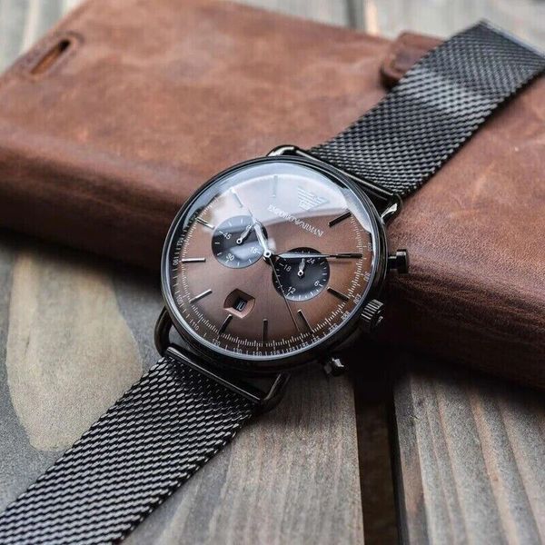 NEW GENUINE EMPORIO ARMANI AR11141 MESH STRAP STAINLESS STEEL BROWN MEN ...