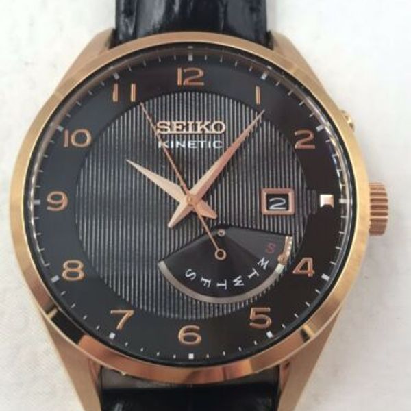 Mens Seiko Kinetic Rose Gold Black Leather Strap Watch 5M84-0AC0 ...