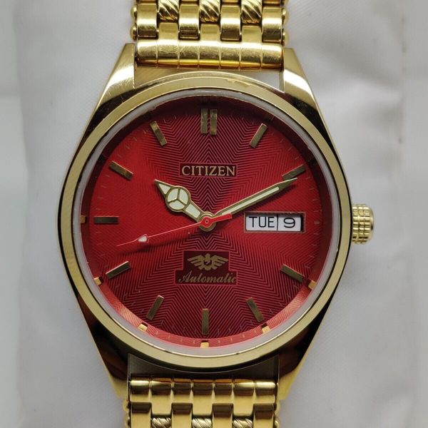 Citizen Automatic Day/Date RED Color Dial Men's Golden Bracelet Watch ...